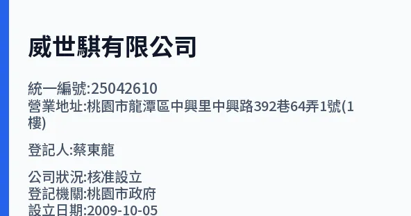 威世騏有限公司的照片-統編 25042610(桃園市) 公司登記資料與營業項目詳細圖表