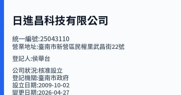 日進昌科技有限公司的照片-統編 25043110(臺南市) 公司登記資料與營業項目詳細圖表