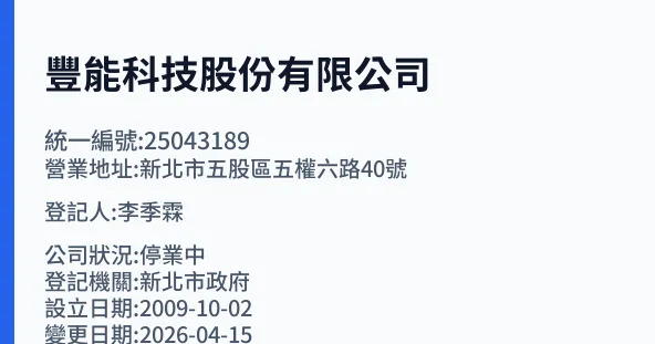 豐能科技股份有限公司的照片-統編 25043189(新北市) 公司登記資料與營業項目詳細圖表