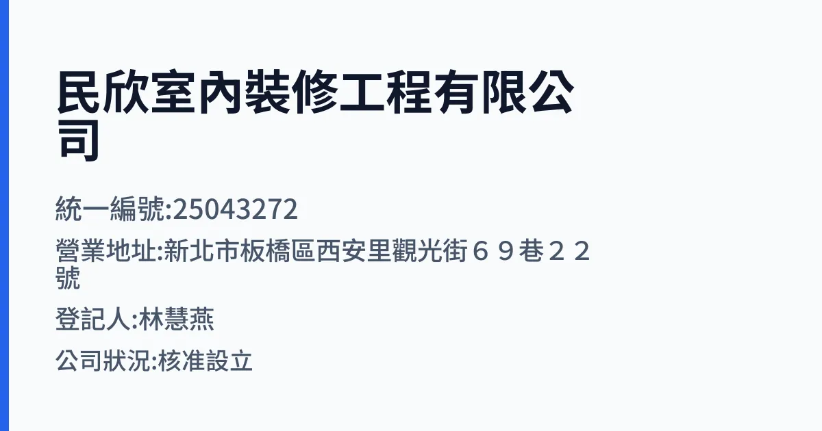 民欣室內裝修工程有限公司 - 統編 25043272(新北市) 公司登記資料與營業項目詳細圖表
