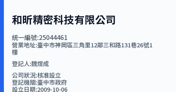 和昕精密科技有限公司的照片-統編 25044461(臺中市) 公司登記資料與營業項目詳細圖表