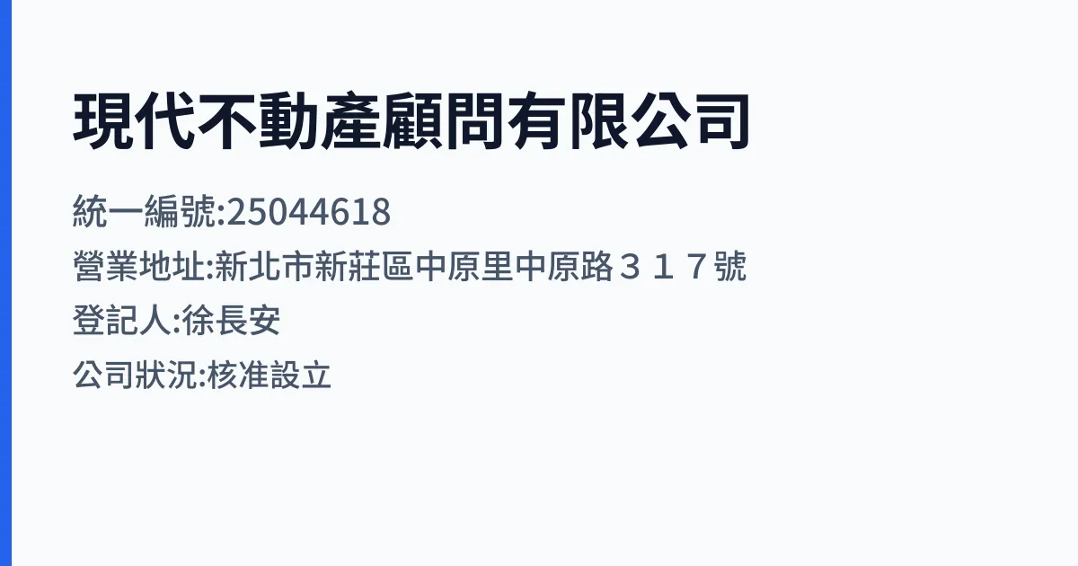 現代不動產顧問有限公司 - 統編 25044618(新北市) 公司登記資料與營業項目詳細圖表