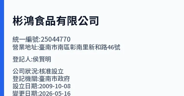 彬鴻食品有限公司的照片-統編 25044770(臺南市) 公司登記資料與營業項目詳細圖表