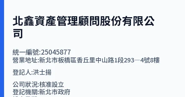 北鑫資產管理顧問股份有限公司的照片-統編 25045877(新北市) 公司登記資料與營業項目詳細圖表