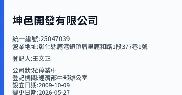 坤邑開發有限公司的照片-統編 25047039(彰化縣) 公司登記資料與營業項目詳細圖表