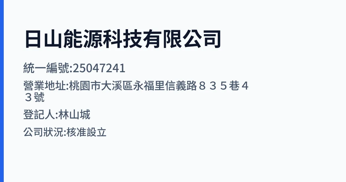日山能源科技有限公司 - 統編 25047241(桃園市) 公司登記資料與營業項目詳細圖表