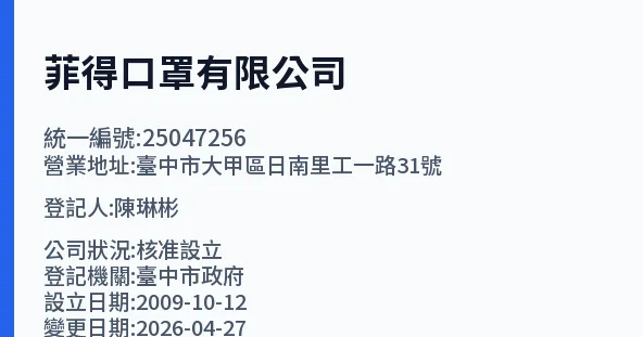 菲得口罩有限公司的照片-統編 25047256(臺中市) 公司登記資料與營業項目詳細圖表