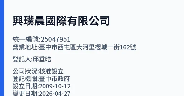 興璞晨國際有限公司的照片-統編 25047951(臺中市) 公司登記資料與營業項目詳細圖表