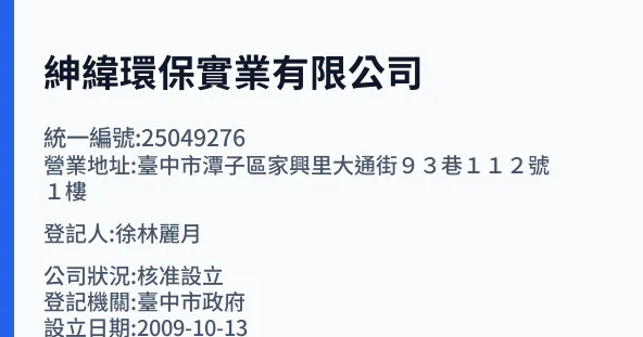紳緯環保實業有限公司的照片-統編 25049276(臺中市) 公司登記資料與營業項目詳細圖表