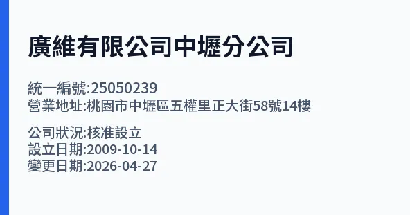 廣維有限公司中壢分公司的照片-統編 25050239(桃園市) 公司登記資料與營業項目詳細圖表