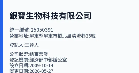 銀寶生物科技有限公司的照片-統編 25050391(屏東縣) 公司登記資料與營業項目詳細圖表