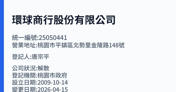 環球商行股份有限公司的照片-統編 25050441(桃園市) 公司登記資料與營業項目詳細圖表