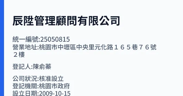 辰陞管理顧問有限公司的照片-統編 25050815(桃園市) 公司登記資料與營業項目詳細圖表
