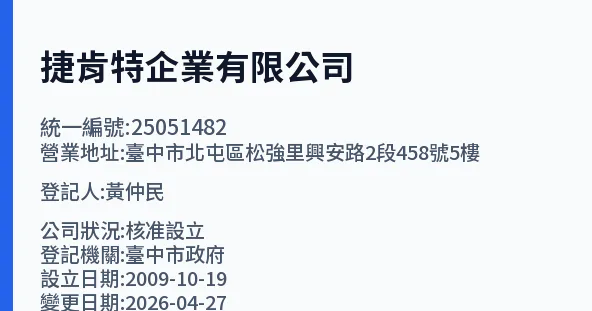 捷肯特企業有限公司的照片-統編 25051482(臺中市) 公司登記資料與營業項目詳細圖表