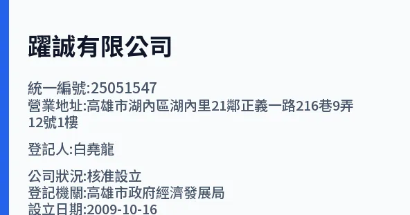 躍誠有限公司的照片-統編 25051547(高雄市) 公司登記資料與營業項目詳細圖表