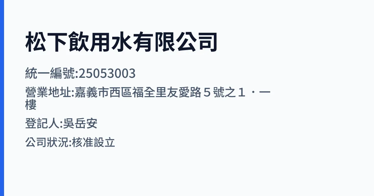 松下飲用水有限公司 - 統編 25053003（嘉義市） 公司登記資料與營業項目詳細圖表