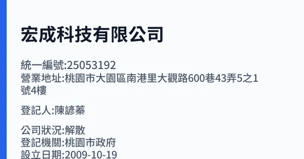 宏成科技有限公司的照片-統編 25053192(桃園市) 公司登記資料與營業項目詳細圖表