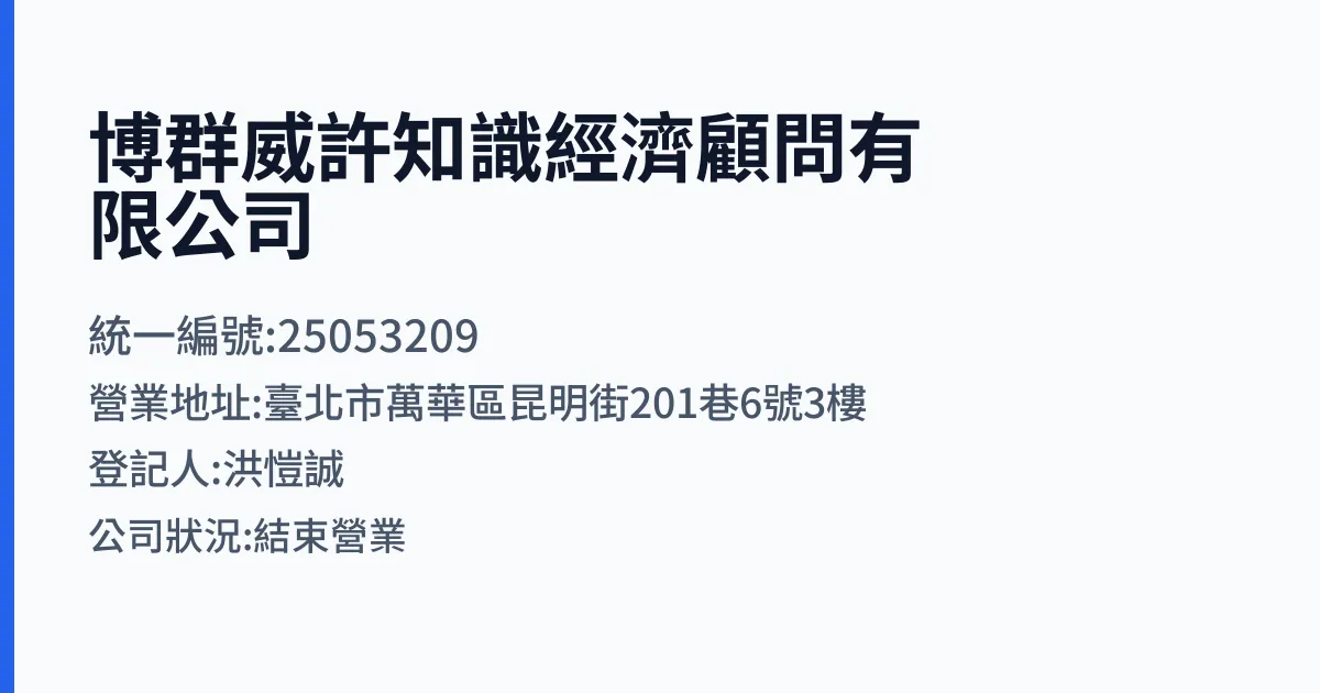 博群威許知識經濟顧問有限公司 - 統編 25053209(臺北市) 公司登記資料與營業項目詳細圖表