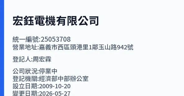 宏鈺電機有限公司的照片-統編 25053708(嘉義市) 公司登記資料與營業項目詳細圖表