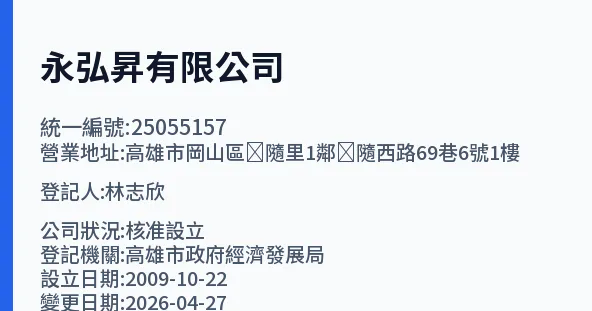 永弘昇有限公司的照片-統編 25055157(高雄市) 公司登記資料與營業項目詳細圖表