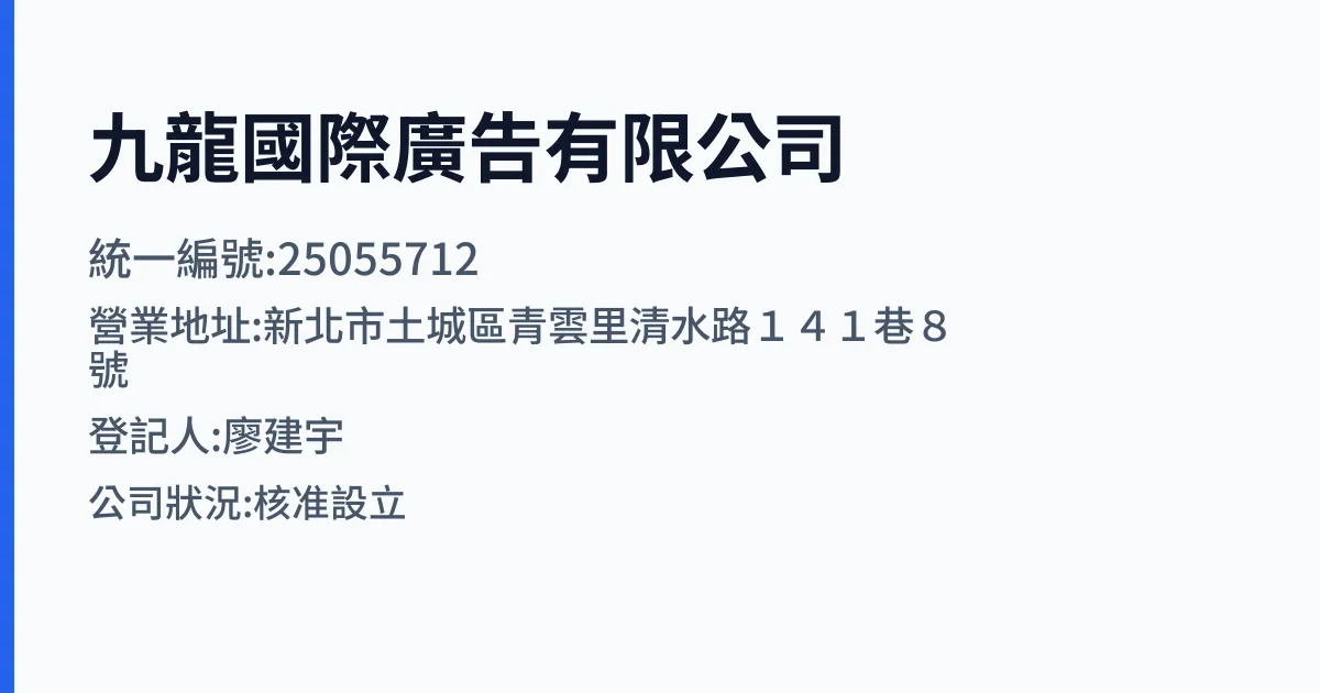 九龍國際廣告有限公司 - 統編 25055712(新北市) 公司登記資料與營業項目詳細圖表