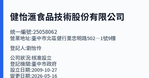 健怡滙食品技術股份有限公司的照片-統編 25058062(臺中市) 公司登記資料與營業項目詳細圖表