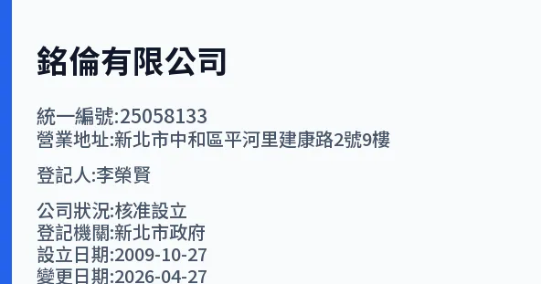 銘倫有限公司的照片-統編 25058133(新北市) 公司登記資料與營業項目詳細圖表