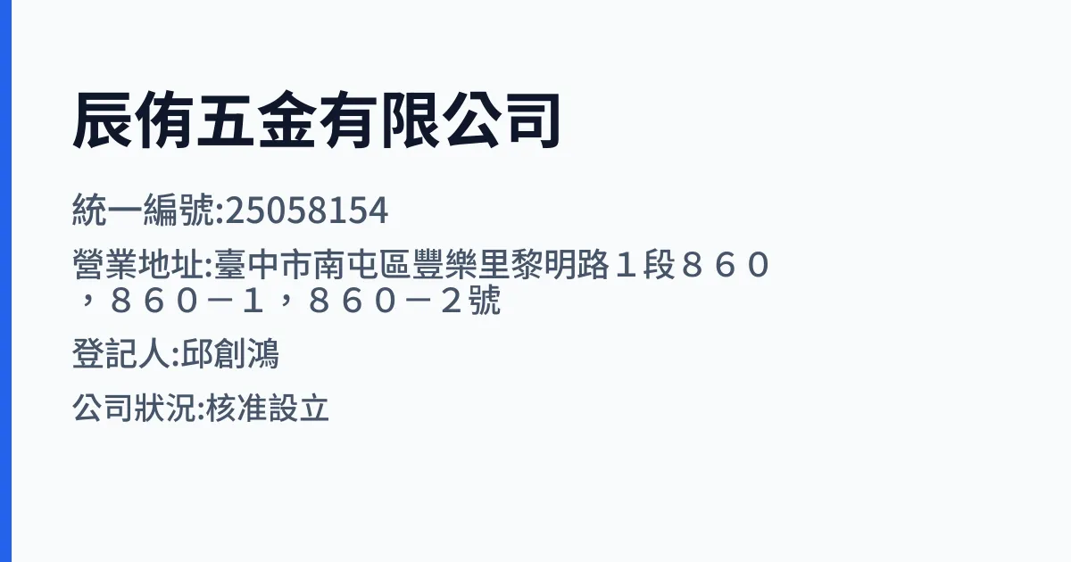 辰侑五金有限公司 - 統編 25058154(臺中市) 公司登記資料與營業項目詳細圖表
