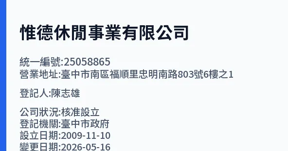 惟德休閒事業有限公司的照片-統編 25058865(臺中市) 公司登記資料與營業項目詳細圖表
