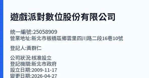 遊戲派對數位股份有限公司的照片-統編 25058909(新北市) 公司登記資料與營業項目詳細圖表