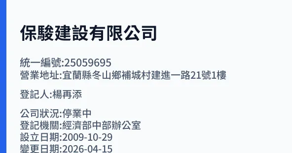 保駿建設有限公司的照片-統編 25059695(宜蘭縣) 公司登記資料與營業項目詳細圖表