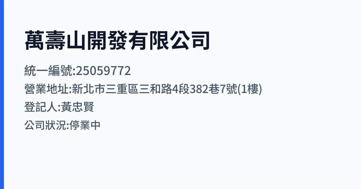 萬壽山開發有限公司 - 統編 25059772(新北市) 公司登記資料與營業項目詳細圖表