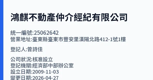 鴻麒不動產仲介經紀有限公司的照片-統編 25062642(臺東縣) 公司登記資料與營業項目詳細圖表