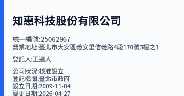 知惠科技股份有限公司的照片-統編 25062967(臺北市) 公司登記資料與營業項目詳細圖表