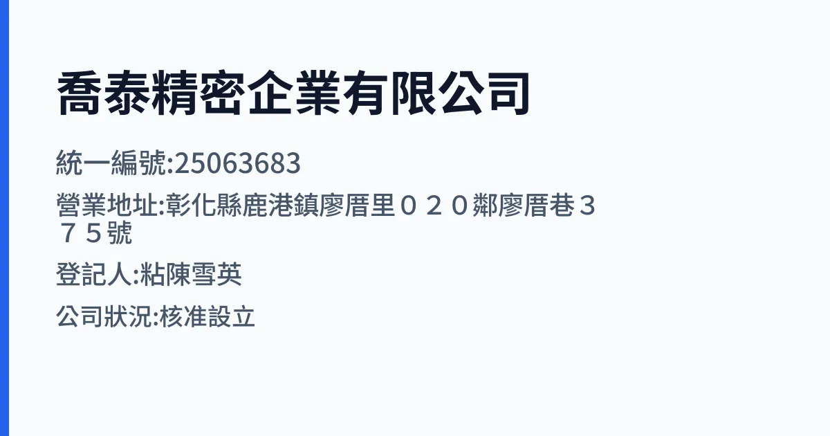 喬泰精密企業有限公司 - 統編 25063683(彰化縣) 公司登記資料與營業項目詳細圖表