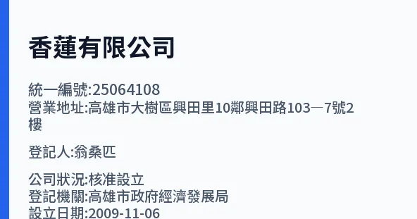香蓮有限公司的照片-統編 25064108(高雄市) 公司登記資料與營業項目詳細圖表