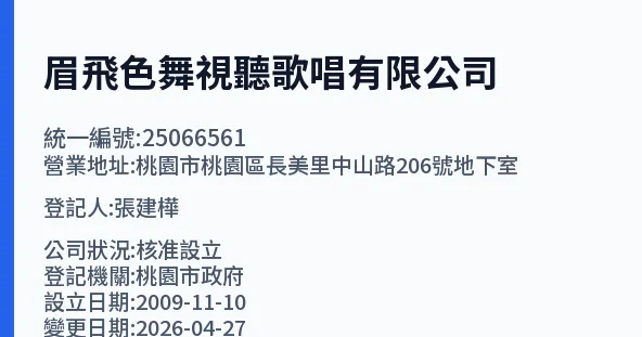 眉飛色舞視聽歌唱有限公司的照片-統編 25066561(桃園市) 公司登記資料與營業項目詳細圖表