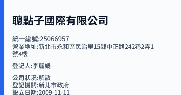 聰點子國際有限公司的照片-統編 25066957(新北市) 公司登記資料與營業項目詳細圖表