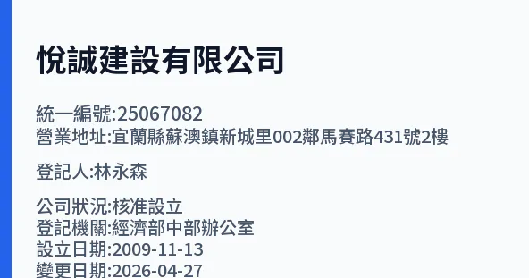 悅誠建設有限公司的照片-統編 25067082(宜蘭縣) 公司登記資料與營業項目詳細圖表