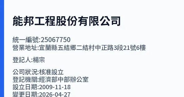 能邦工程股份有限公司的照片-統編 25067750(宜蘭縣) 公司登記資料與營業項目詳細圖表