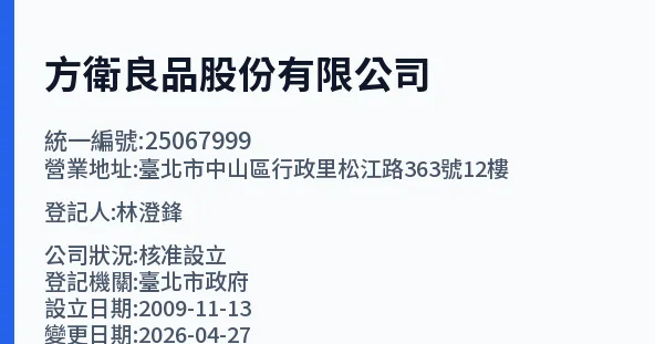 方衛良品股份有限公司的照片-統編 25067999(臺北市) 公司登記資料與營業項目詳細圖表