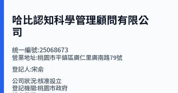 哈比認知科學管理顧問有限公司的照片-統編 25068673(桃園市) 公司登記資料與營業項目詳細圖表