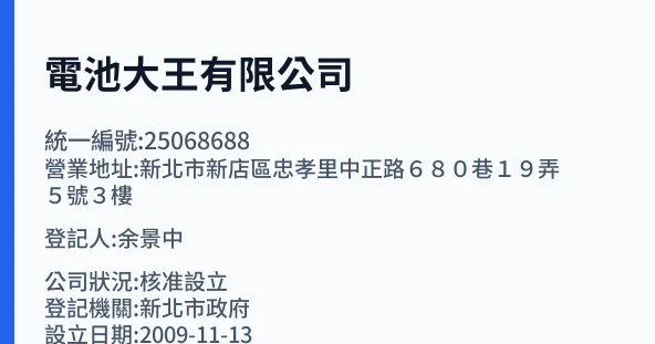 電池大王有限公司的照片-統編 25068688(新北市) 公司登記資料與營業項目詳細圖表
