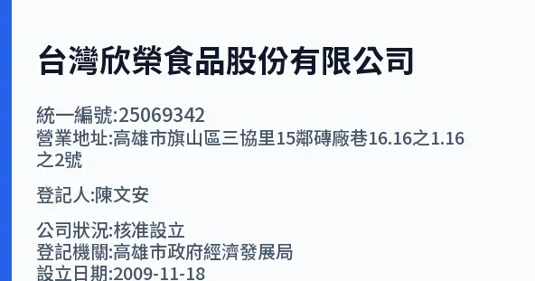 台灣欣榮食品股份有限公司的照片-統編 25069342(高雄市) 公司登記資料與營業項目詳細圖表