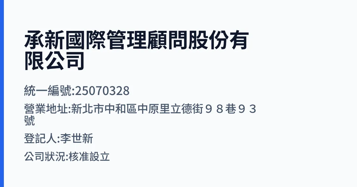 承新國際管理顧問股份有限公司 - 統編 25070328(新北市) 公司登記資料與營業項目詳細圖表