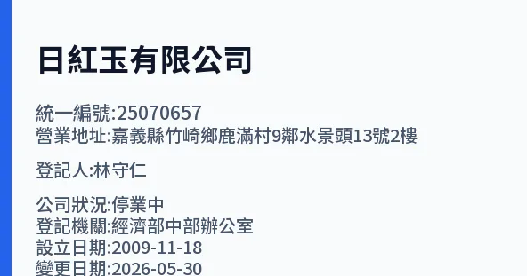 日紅玉有限公司的照片-統編 25070657(嘉義縣) 公司登記資料與營業項目詳細圖表