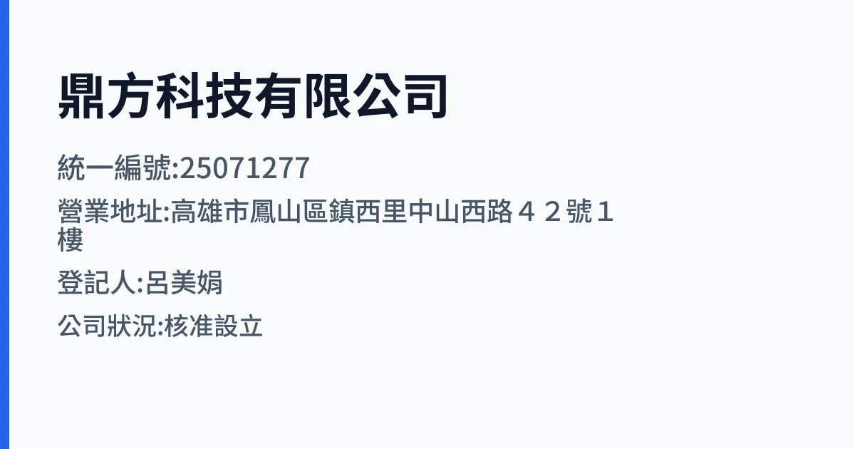 鼎方科技有限公司 - 統編 25071277(高雄市) 公司登記資料與營業項目詳細圖表