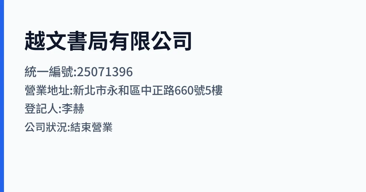 越文書局有限公司 - 統編 25071396(新北市) 公司登記資料與營業項目詳細圖表