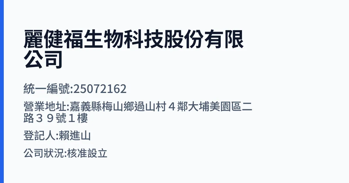麗健福生物科技股份有限公司 - 統編 25072162(嘉義縣) 公司登記資料與營業項目詳細圖表