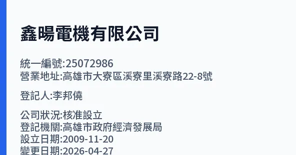 鑫暘電機有限公司的照片-統編 25072986(高雄市) 公司登記資料與營業項目詳細圖表